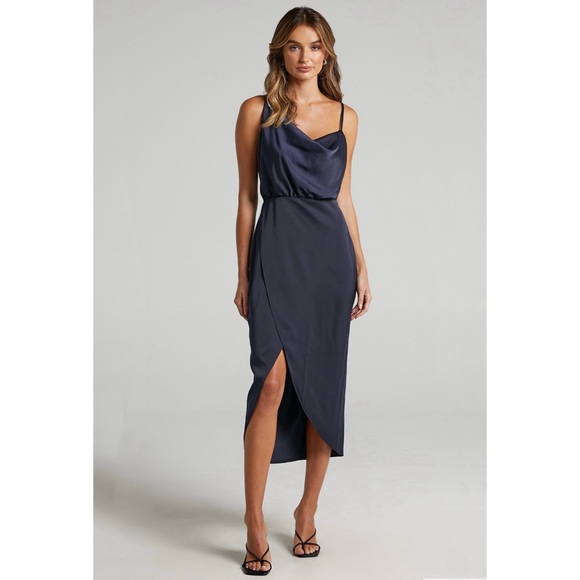 Showpo. | Dresses | Showpo Navy Blue Satin Midi Dress Nwt 8 Medium ...